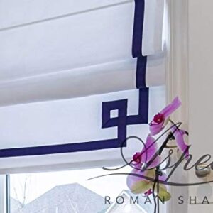 LOGANOVA Custom Flat Roman Shade with white background and navy blue Greek key border. Premium lining and chain mechanism.