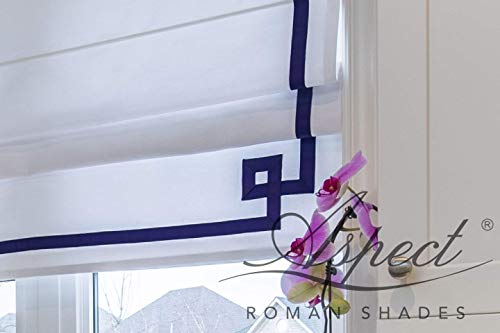 LOGANOVA Custom Flat Roman Shade with white background and navy blue Greek key border. Premium lining and chain mechanism.