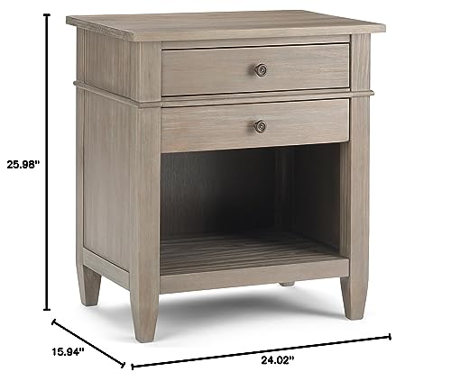 SIMPLIHOME Carlton 24 inches Wide Night Stand, Bedside table, Distressed Grey SOLID WOOD, Rectangle, with Storage, 2 Drawers and 1 Shelf, For the Bedroom, Contemporary Modern