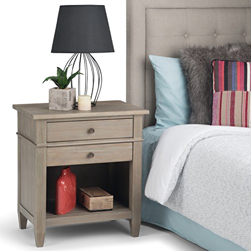 SIMPLIHOME Carlton 24 inches Wide Night Stand, Bedside table, Distressed Grey SOLID WOOD, Rectangle, with Storage, 2 Drawers and 1 Shelf, For the Bedroom, Contemporary Modern