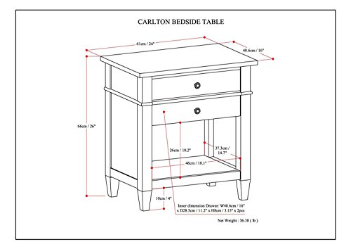 SIMPLIHOME Carlton 24 inches Wide Night Stand, Bedside table, Distressed Grey SOLID WOOD, Rectangle, with Storage, 2 Drawers and 1 Shelf, For the Bedroom, Contemporary Modern