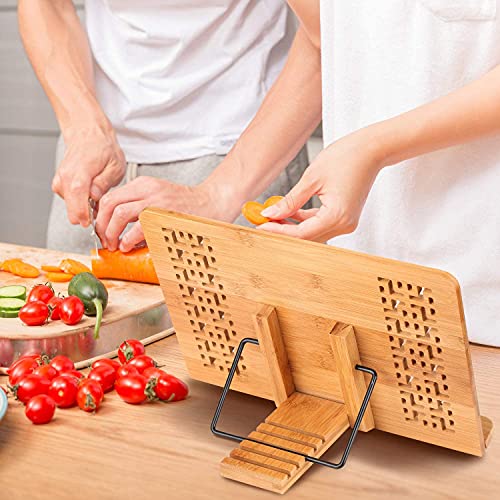 SUNFICON Large Cookbook Stand Holder Bamboo Book Stand Holder Home Office Reading Rest Textbook Recipe Music Document Tablet Display Stand Collapsible Adjustable Tray Family Friends Students Gift Idea