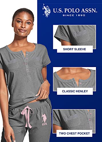 U.S. Polo Assn. Womens Pajama Set - Short Sleeve PJs with Joggers - Sleepwear Set Ideal for Lounging (Charcoal Heather Sky, 2X)