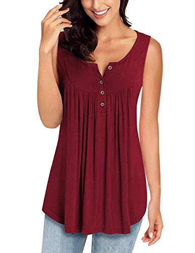 MIROL Womens Fall Sleeveless Long Sleeve V Neck Solid Color Casual Swing Flowy Tank Tops with Buttons, Wine, XX-Large