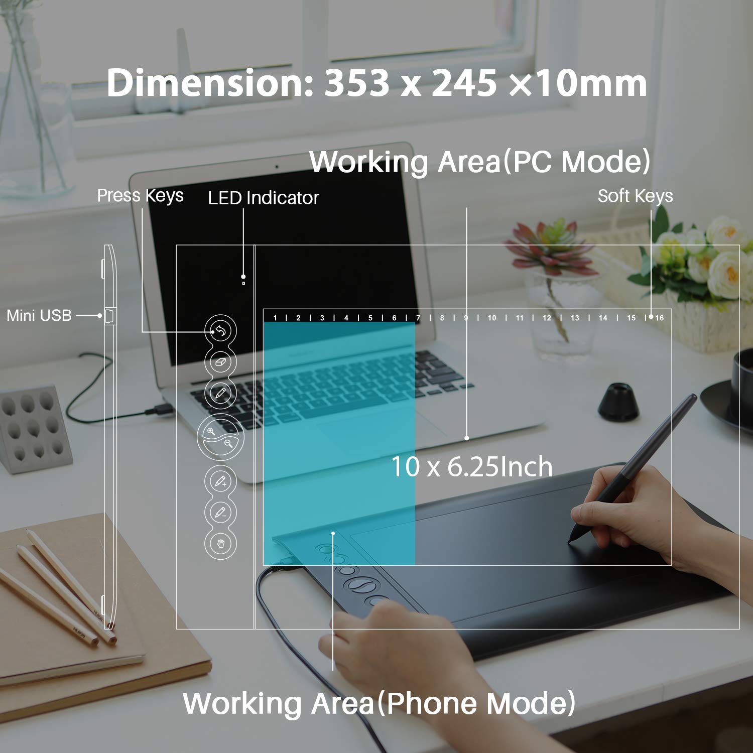 HUION H610 Pro V2 Graphic Drawing Tablet Android Supported Pen Tablet Tilt Function Battery-Free Stylus 8192 Pen Pressure with 8 Express Keys