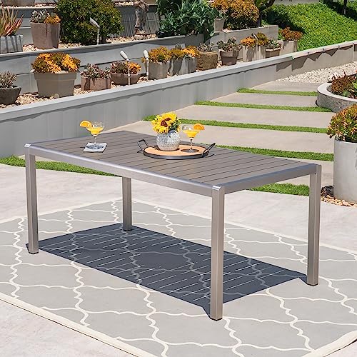 Christopher Knight Home Coral Outdoor Aluminum Dining Table with Faux Wood Top, Gray Finish,Grey