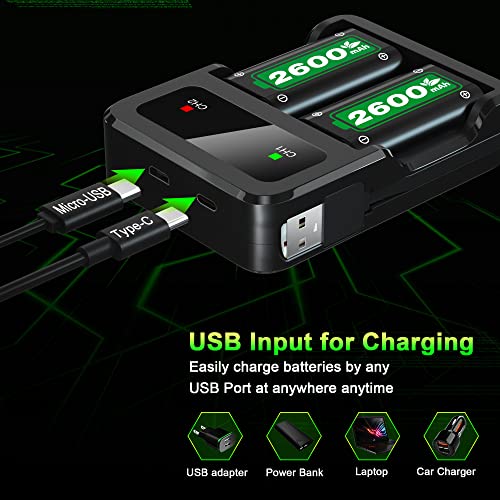 Ponkor Rechargeable Battery Packs for Xbox Series X|S/Xbox One, 2x2600mAh Batteries with High-Speed Charging Station for Xbox One S/Xbox One X/Xbox One Elite Wireless Controller