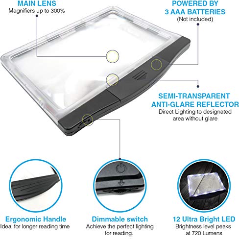 3X Large Ultra Bright LED Page Magnifier with 12 Anti-Glare Dimmable LEDs (Provide More Evenly Lit Viewing Area & Relieve Eye Strain)-Ideal for Reading Small Prints & Low Vision