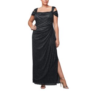 alex evenings women's plus size long cold shoulder dress with ruched skirt, black glitter, 18w