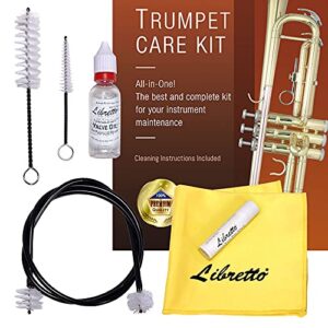 libretto trumpet (cornet) all-inclusive care kit w/instructions: valve oil+slide grease+cleaning cloth+mouthpiece/valve/bore brushes, giftable handy case, time to clean & extend life of your trumpet!