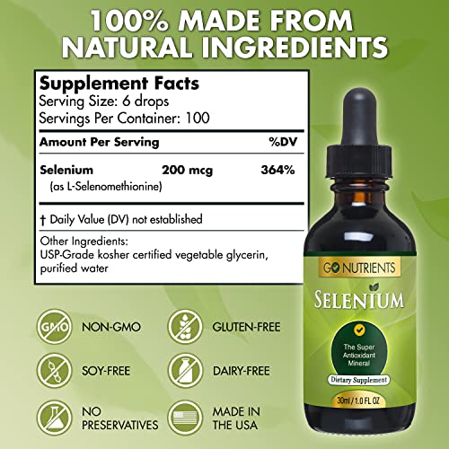 Go Nutrients Selenium 200 mcg Supplement, Yeast-Free Liquid Drops, Selenium Drops, Herbal Supplements with Trace Mineral Selenium and Purified Water, Selenium Liquid - 1.0 oz Bottle