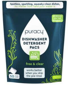 puracy dishwasher pods, 50 count, natural detergent, free & clear enzyme-powered automatic dishwasher pod, spot and residue-free dish tabs, 2-in-1 soap and rinse aid