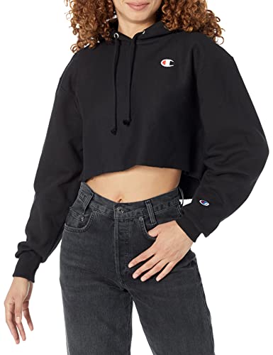 Champion womens Reverse Weave Cropped Cut-off Hoodie, Left Chest C Hooded Sweatshirt, Black-549302, Medium US