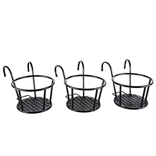 HowRU Iron Art Hanging Baskets Flower Pot Holder Over The Rail Metal Fence Planters Assemble - Pack of 3 (Black)