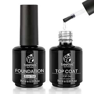 beetles 2 pcs 15ml no wipe gel top coat and base coat set - shine finish and long lasting, soak off led nail lamp gel base top coat finish nail art design manicure gifts for women