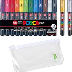 Uni POSCA Paint Marker Pen - Extra Fine Point - Non Alcohol - Odorless Water Resistant Pen Maker - Set of 14 (PC-1M12C & Gold & Silver) with Original Vinyl Pen case