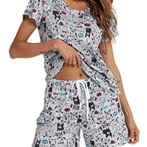 ENJOYNIGHT Women's Cute Sleepwear Print Tee and Shorts Pajama Set (Large, Grey Dog)