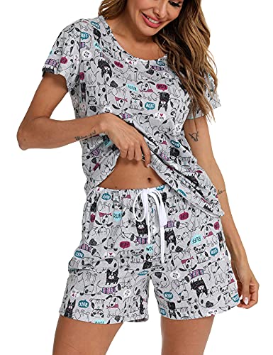 ENJOYNIGHT Women's Cute Sleepwear Print Tee and Shorts Pajama Set (Large, Grey Dog)