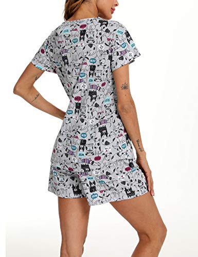 ENJOYNIGHT Women's Cute Sleepwear Print Tee and Shorts Pajama Set (Large, Grey Dog)