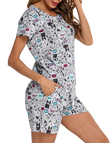 ENJOYNIGHT Women's Cute Sleepwear Print Tee and Shorts Pajama Set (Large, Grey Dog)