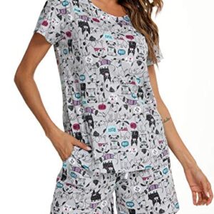 ENJOYNIGHT Women's Cute Sleepwear Print Tee and Shorts Pajama Set (Large, Grey Dog)