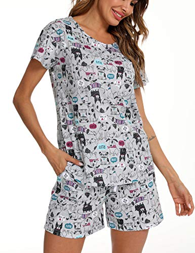 ENJOYNIGHT Women's Cute Sleepwear Print Tee and Shorts Pajama Set (Large, Grey Dog)