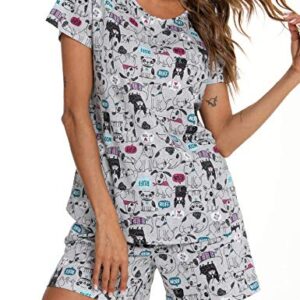 ENJOYNIGHT Women's Cute Sleepwear Print Tee and Shorts Pajama Set (Large, Grey Dog)