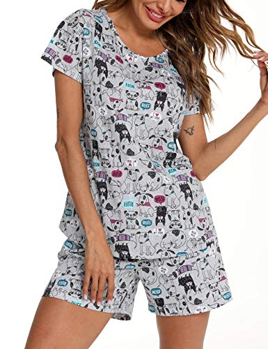 ENJOYNIGHT Women's Cute Sleepwear Print Tee and Shorts Pajama Set (Large, Grey Dog)