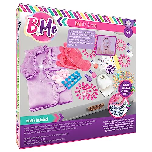 B Me Kids Spa Kit for Girls - Spa Day Party Supplies Kit w/Press On Nails, Kids Nail Polish & More - Kids Manicure Pedicure Gift Set for Sleepover - Spa Birthday Party Supplies for Girls Age 6-12