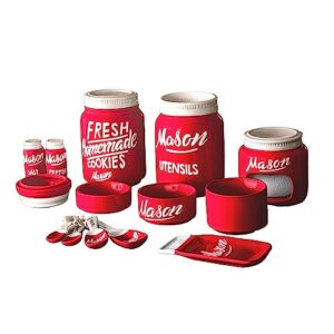 mason jar kitchenware 17-piece set - vintage kitchen accessories - measuring cups & spoons, spoon rest, salt & pepper shakers, sponge holder, cookie jar, utensil crock - mother's day gift - red