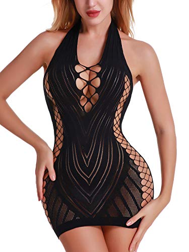 FasiCat Women Fishnet Babydoll Lingerie Chemise Halter Nightwear Mini Teddy Dress Black