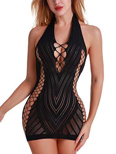 FasiCat Women Fishnet Babydoll Lingerie Chemise Halter Nightwear Mini Teddy Dress Black