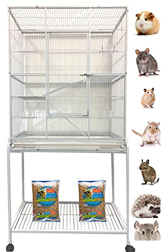 64" Extra Large Wrought Iron 4-Levels Ferret Chinchilla Sugar Glider Mice Rat Mouse Hamster Cage Tight 1/2-Inch Bar Spacing (White Vein)