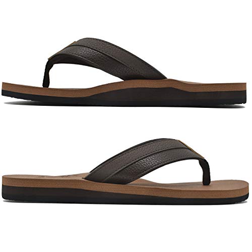 KuaiLu Men's Yoga Mat Leather Flip Flops Thong Sandals with Arch Support Khaki size 11