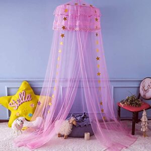 twinkle star kids netting princess bed canopy 3 layers lace ruffle dome for baby, girls (pink)