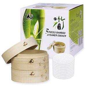 yuho asian kitchen 6 inch bamboo steamer basket, individually box, 2 tiers & lid, 10 parchment liners, perfect for steaming dumplings, vegetables, meat, fish, rice (holiday gifts)