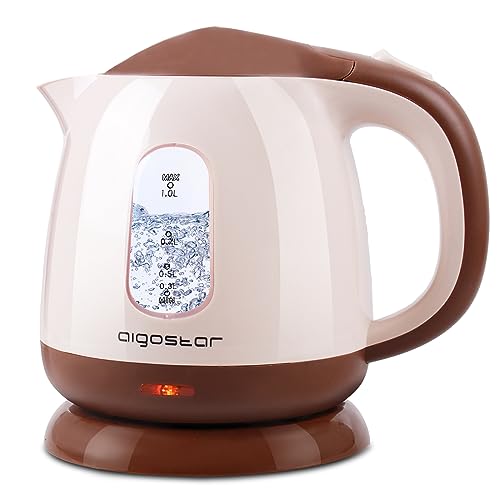 Aigostar Small Electric Kettle, 1L Portable Electric Tea Kettle 1100W with Automatic Shut-Off and Boil Dry Protection, Travel Hot Water Boiler Cordless for Making Coffee and Tea, BPA-Free, Brown