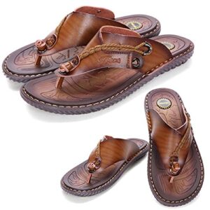 MXTSH Mens Flip Flops Slippers Summer Sandals Coffee Leather Us Size 7 (40)