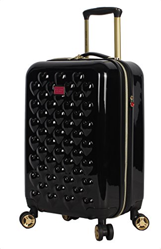 Betsey Johnson Designer 20 Inch Carry On - Expandable (ABS + PC) Hardside Luggage - Lightweight Durable Suitcase With 8-Rolling Spinner Wheels for Women (Heart to Heart Black)