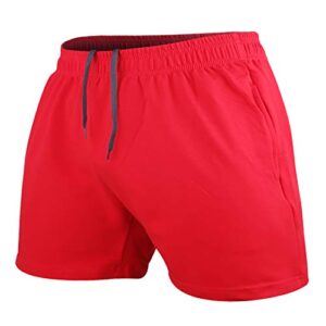 men's bodybuilding workout gym shorts 5" inseam sports cotton with pocket red color size m