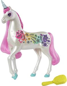 barbie dreamtopia unicorn toy, brush 'n sparkle pink and white unicorn with 4 magical lights and sounds (amazon exclusive)