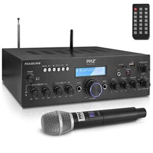 pyle wireless microphone power amplifier system- 200w dual channel sound audio stereo karaoke speaker receiver w/usb, aux, microphone in w/echo, radio, home theater via rca, studio use - pyle pda8buwm