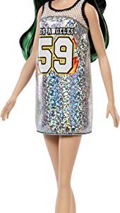 Barbie Fashionistas Doll with Green Streaks in Long Brunette Hair, Wearing Glittery Tank Dress and Accessories, for 3 to 7 Year Olds