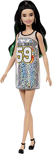 Barbie Fashionistas Doll with Green Streaks in Long Brunette Hair, Wearing Glittery Tank Dress and Accessories, for 3 to 7 Year Olds