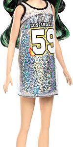 Barbie Fashionistas Doll with Green Streaks in Long Brunette Hair, Wearing Glittery Tank Dress and Accessories, for 3 to 7 Year Olds