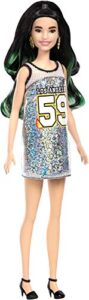 barbie fashionistas doll with green streaks in long brunette hair, wearing glittery tank dress and accessories, for 3 to 7 year olds