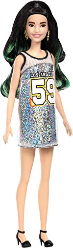 Barbie Fashionistas Doll with Green Streaks in Long Brunette Hair, Wearing Glittery Tank Dress and Accessories, for 3 to 7 Year Olds