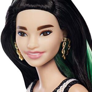 Barbie Fashionistas Doll with Green Streaks in Long Brunette Hair, Wearing Glittery Tank Dress and Accessories, for 3 to 7 Year Olds