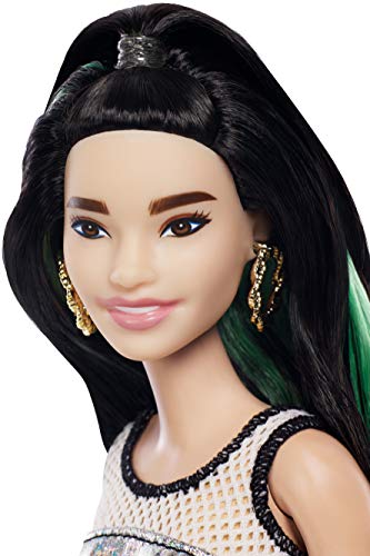 Barbie Fashionistas Doll with Green Streaks in Long Brunette Hair, Wearing Glittery Tank Dress and Accessories, for 3 to 7 Year Olds