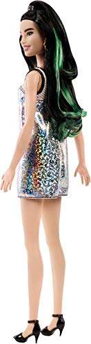 Barbie Fashionistas Doll with Green Streaks in Long Brunette Hair, Wearing Glittery Tank Dress and Accessories, for 3 to 7 Year Olds